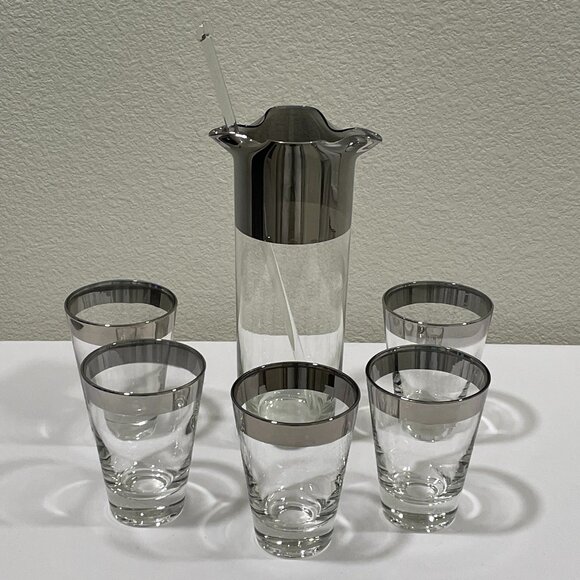 Dining | Vintage Mid Century Modern Cocktail Set 7 Piece Silver Rim ...